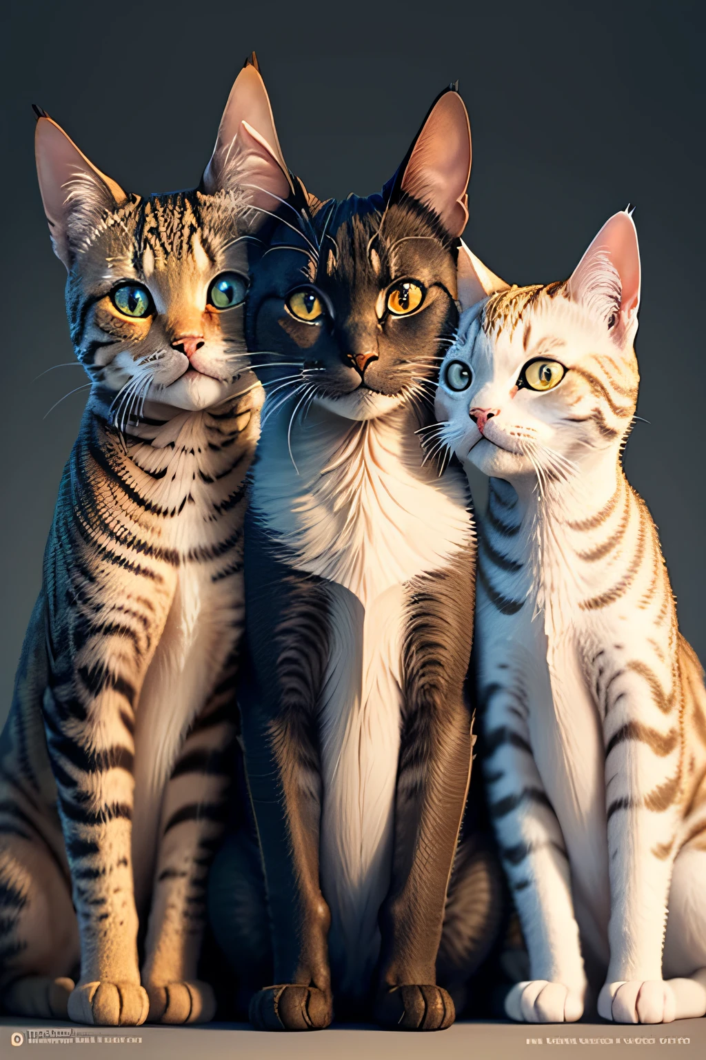 Three cats sitting on a table with one staring at the camera - SeaArt AI