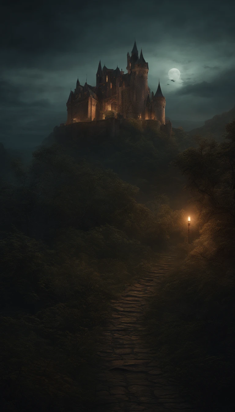 A dark castle with a light on a hill at night - SeaArt AI