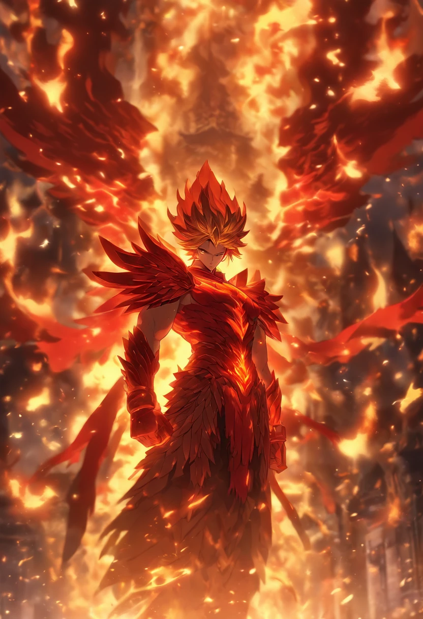 A red demon with wings and a red cape stands in front of a fire - SeaArt AI