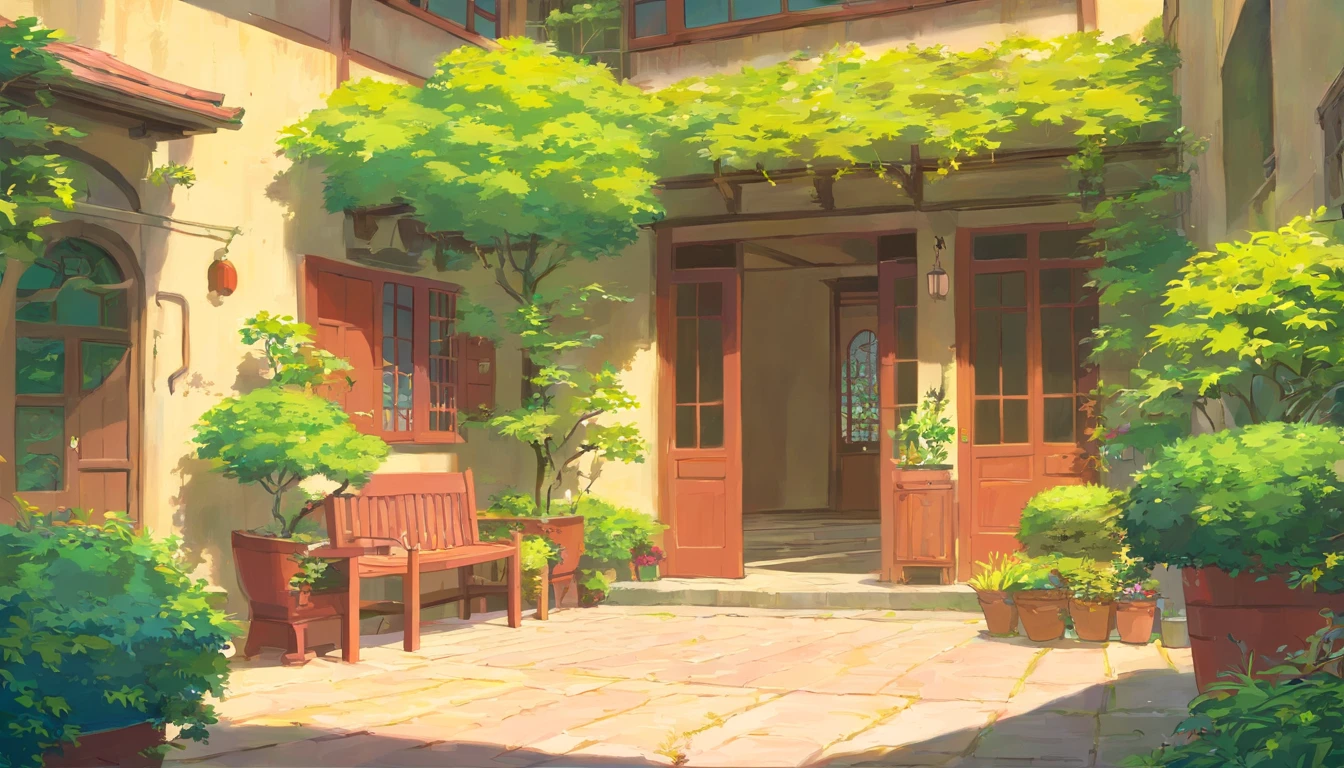 Anime scene of a courtyard with a bench and a tree - SeaArt AI