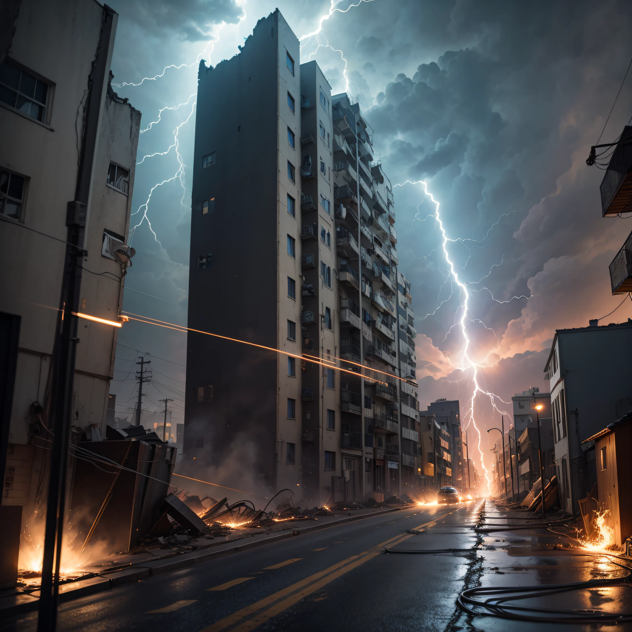 Lightning strikes through the sky over a city street - SeaArt AI