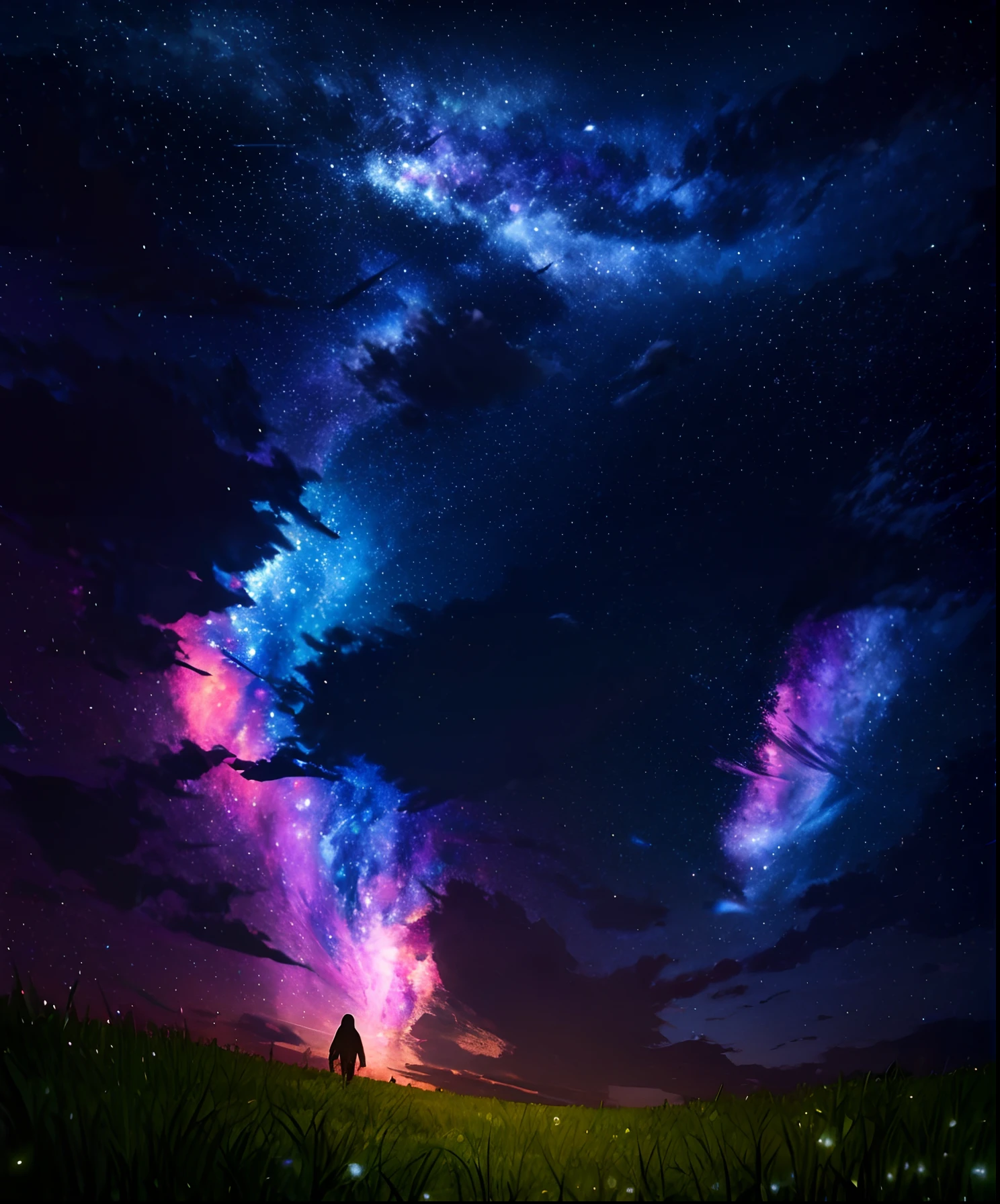A person standing on a hill under a night sky with stars - SeaArt AI