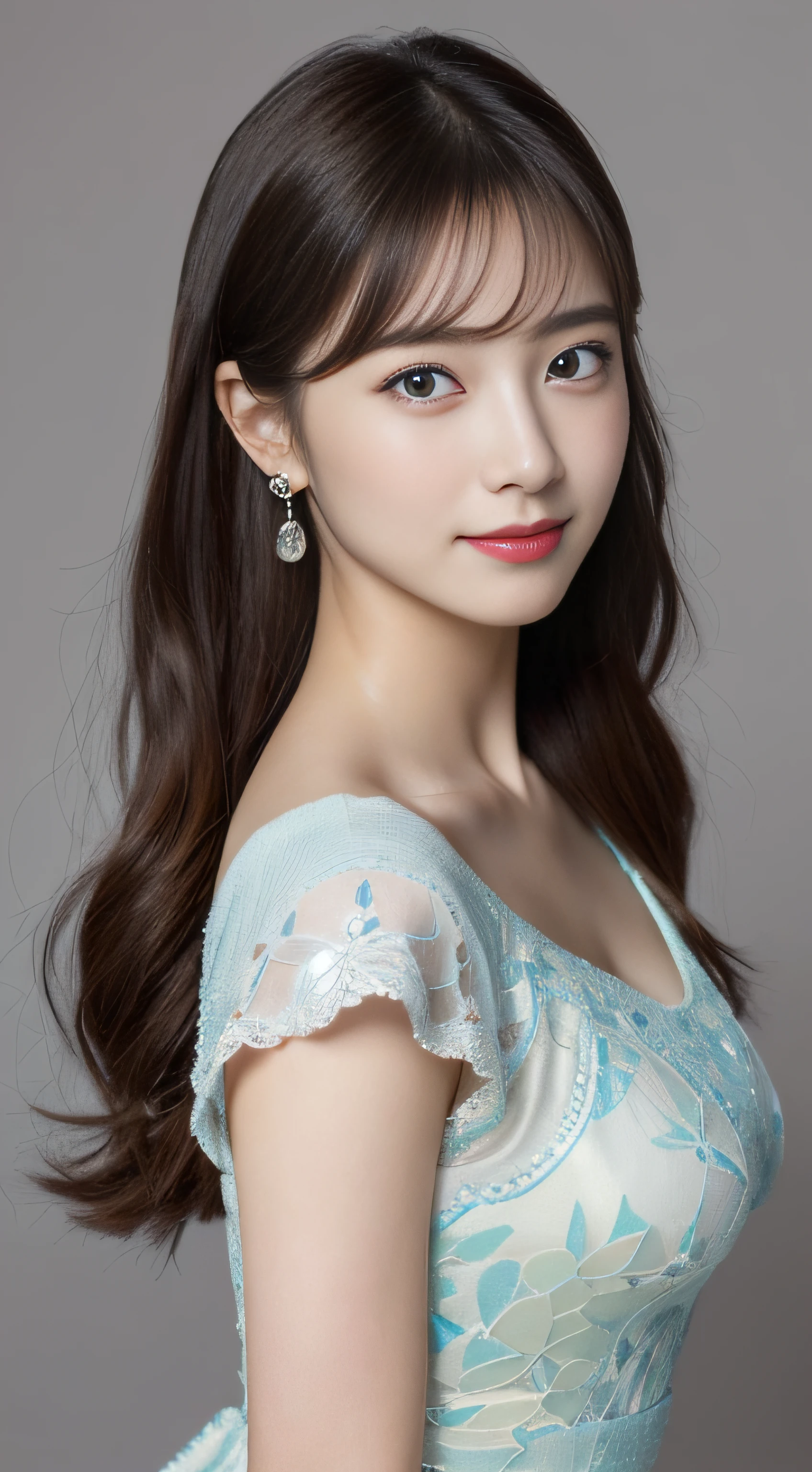 A woman with long hair wearing a blue dress and earrings - SeaArt AI