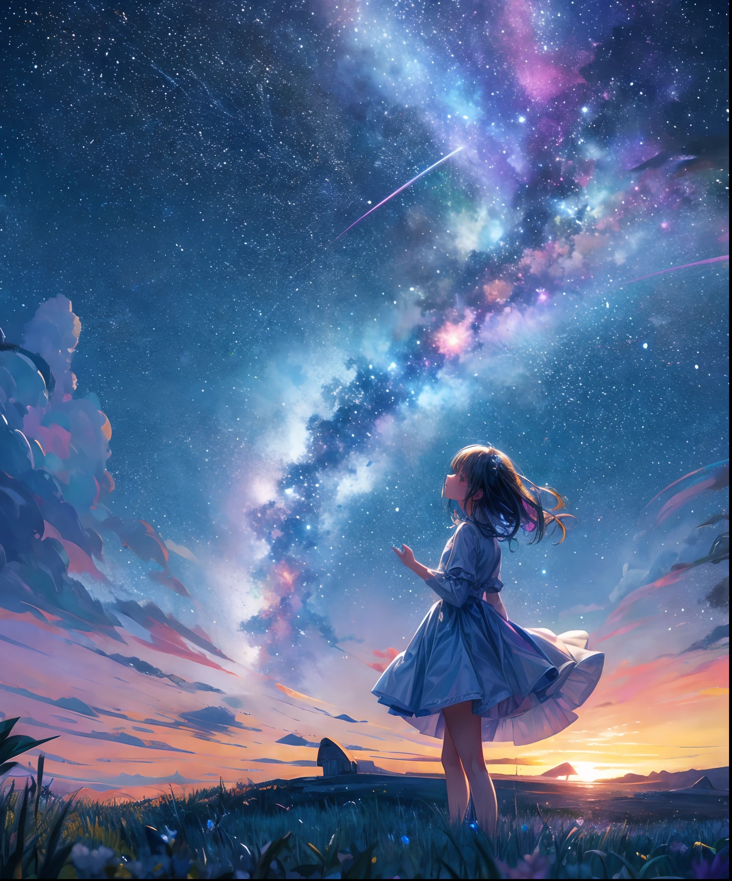 A girl standing in the grass looking at the stars - SeaArt AI