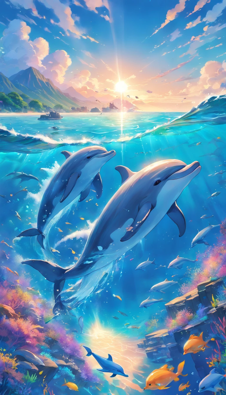 Dolphins in the ocean with a sunset background - SeaArt AI