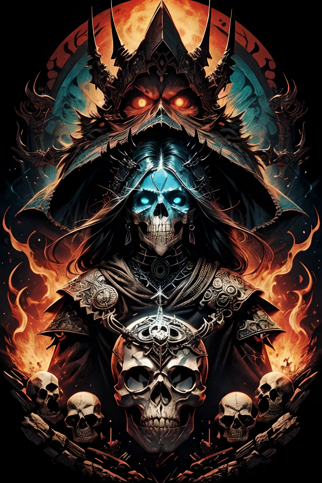 A dark colored image of a demonic skull with a horned head and a horned ...