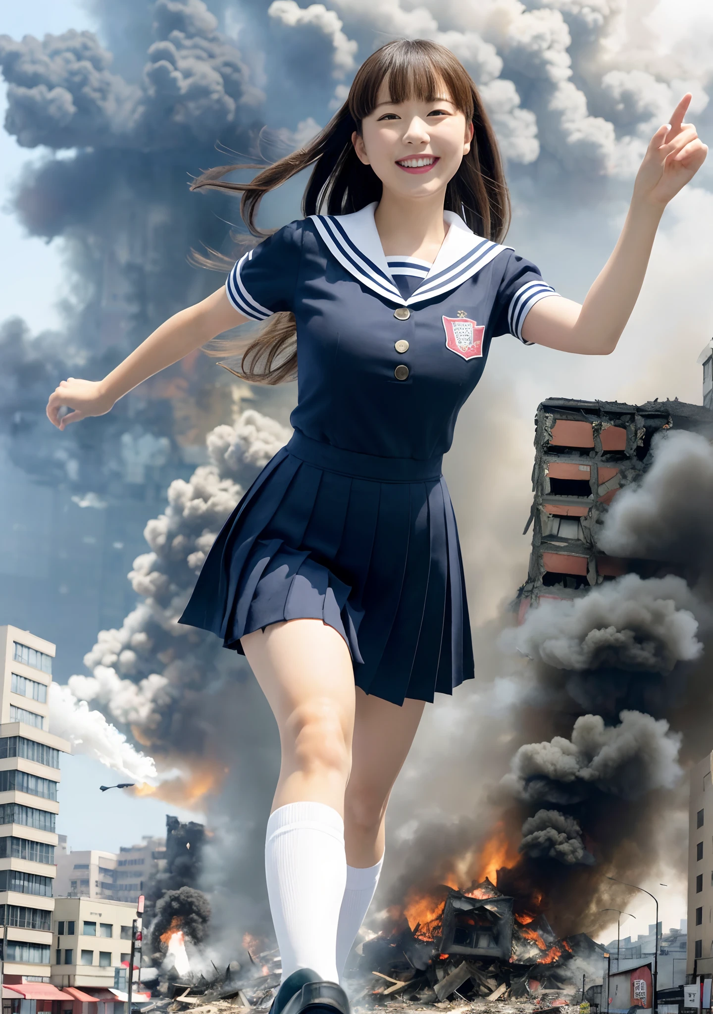 Arafed image of a woman in a uniform running in front of a fire - SeaArt AI