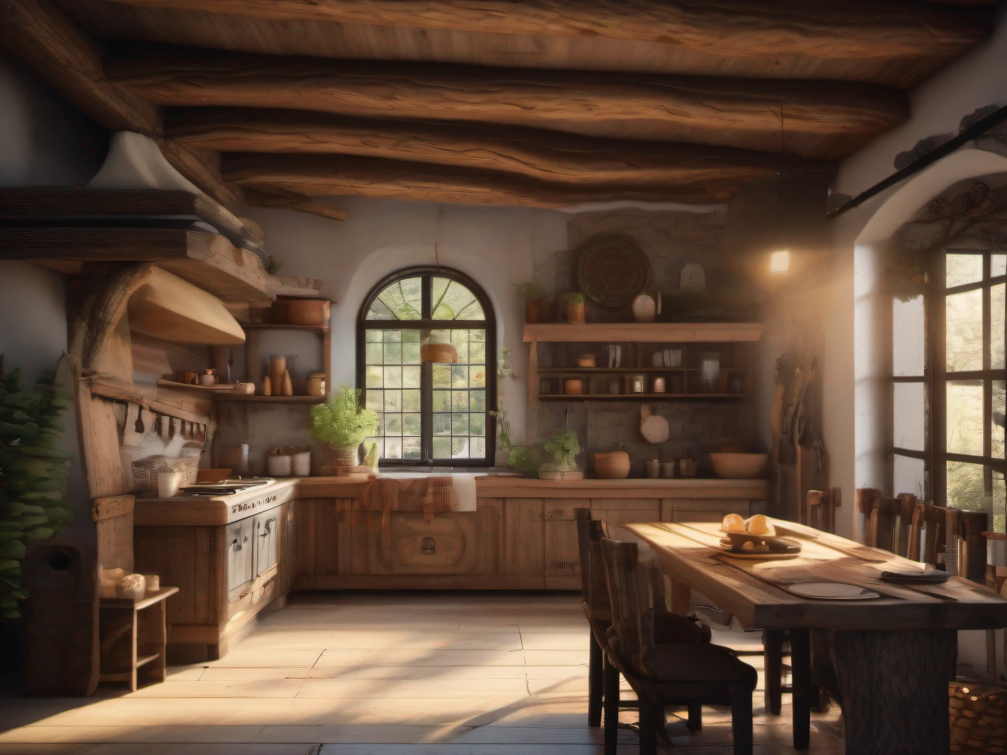 There is a kitchen with a table and chairs in it - SeaArt AI