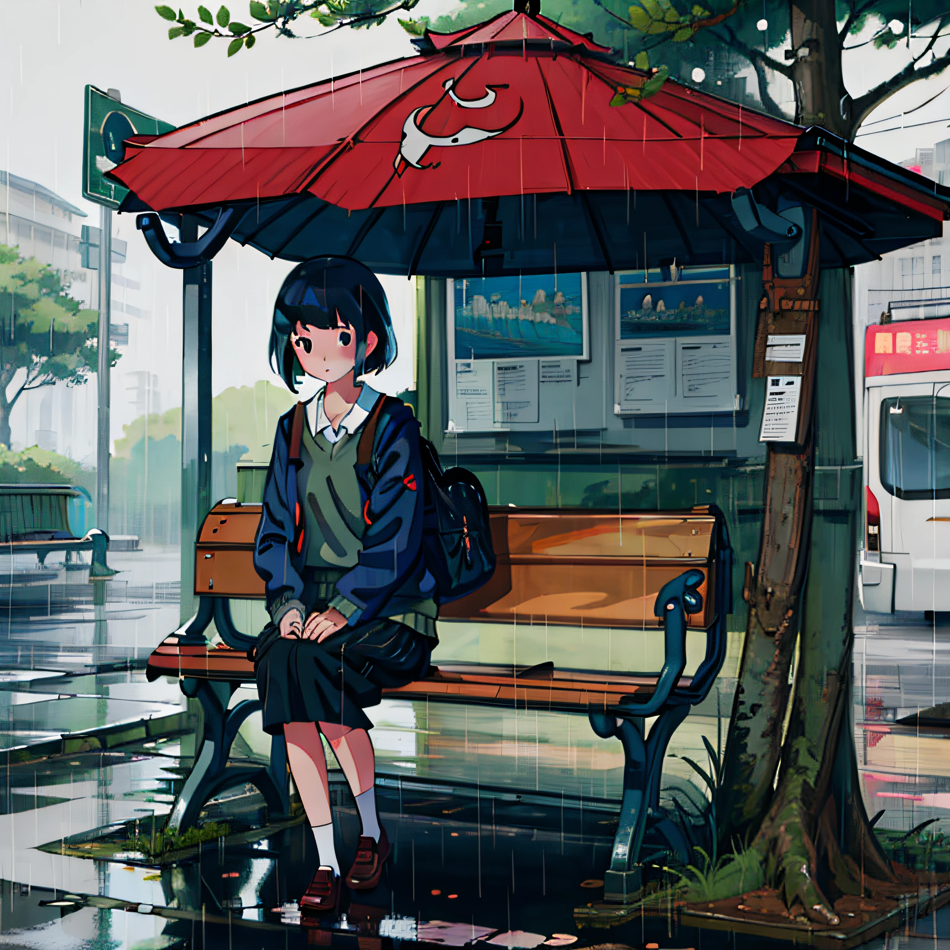 Anime girl sitting on a bench under an umbrella in the rain - SeaArt AI