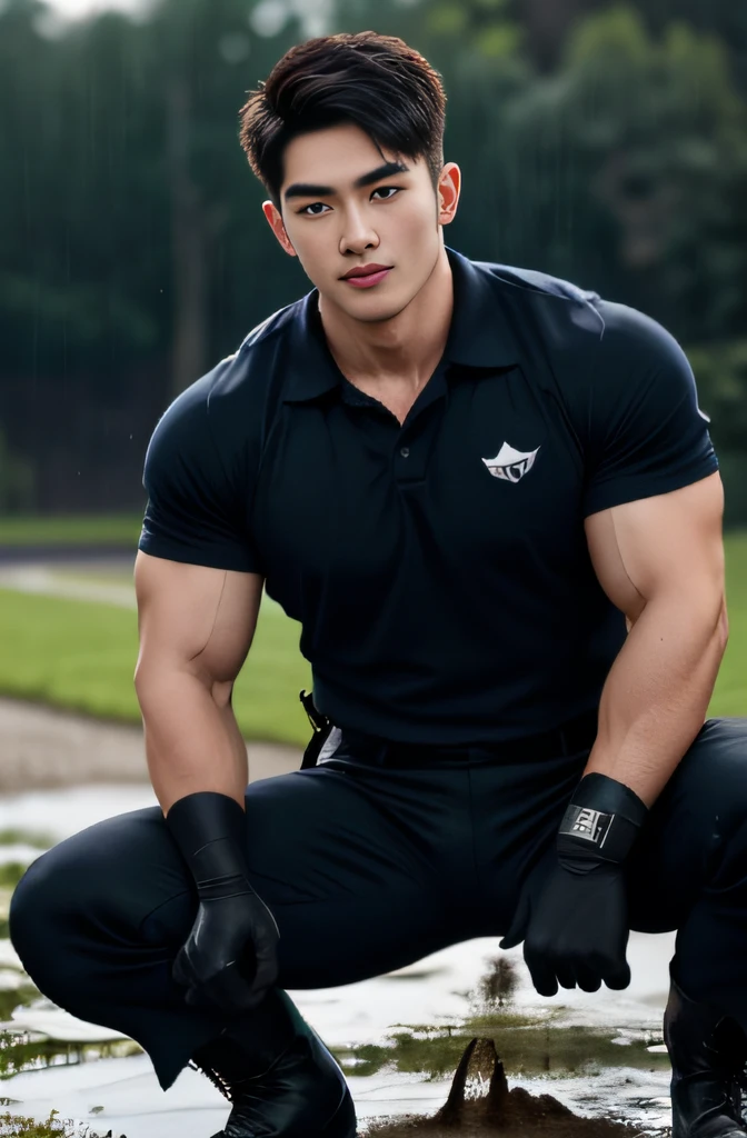 Arafed asian man squatting in a puddle of water - SeaArt AI