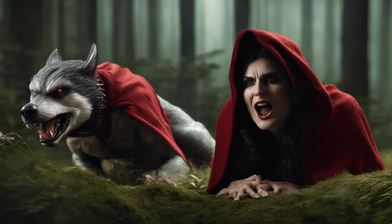 A woman in a red hoodie and a wolf in a forest - SeaArt AI