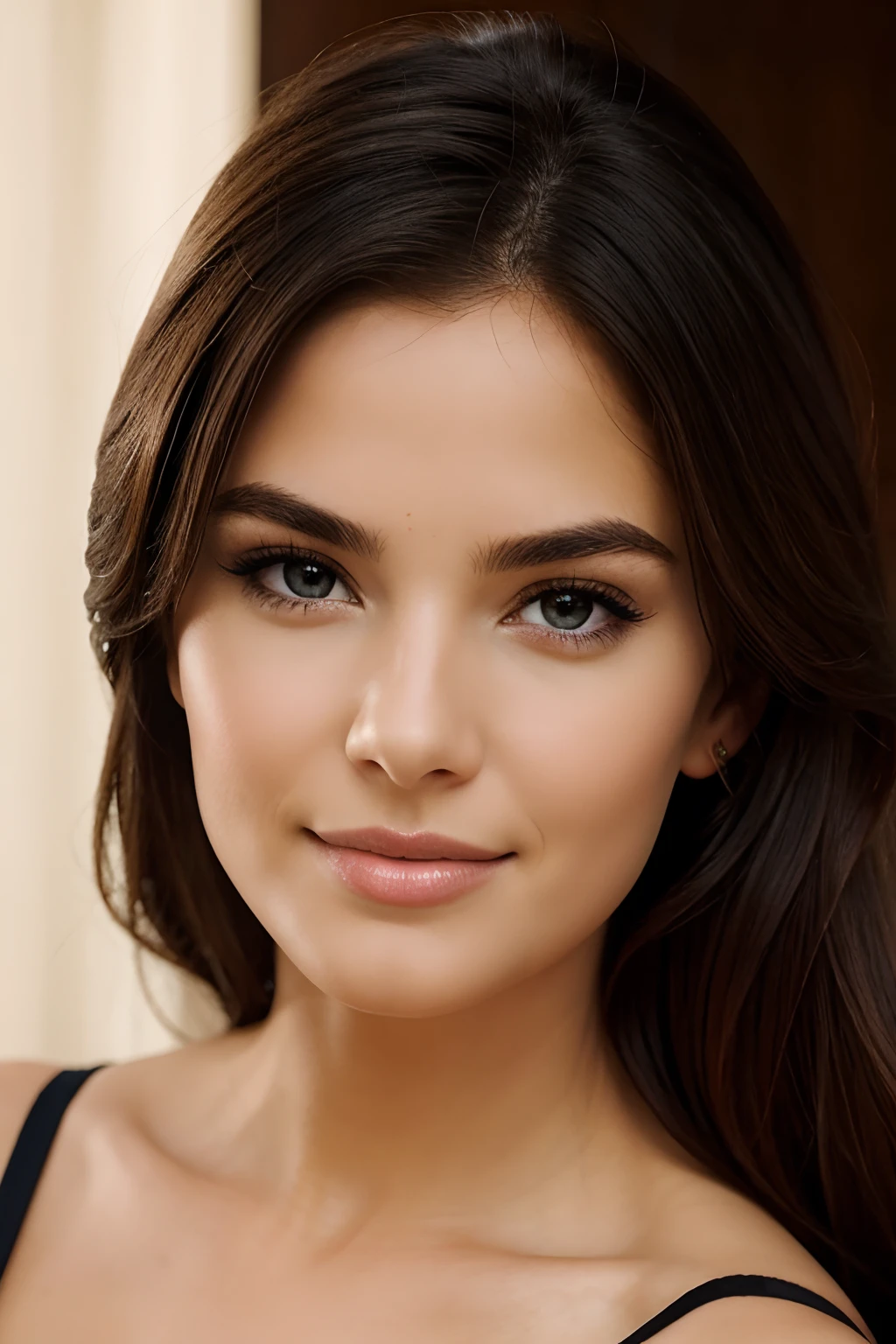 A close up of a woman with long hair and a black top - SeaArt AI