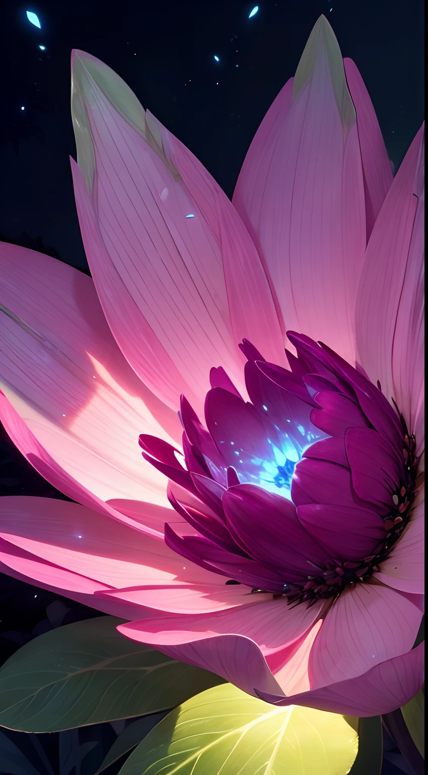 There is a pink flower with a blue center in the dark - SeaArt AI