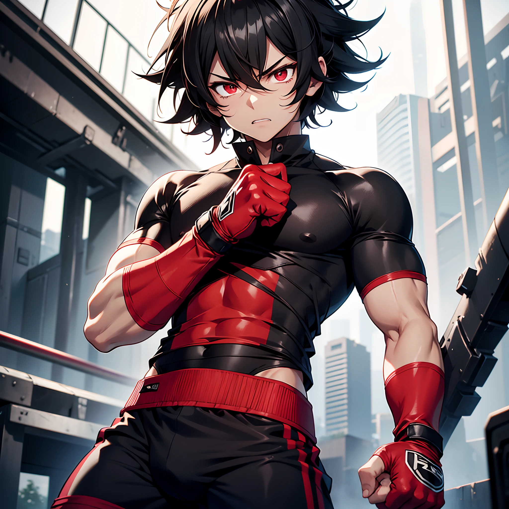Anime character with black hair and red gloves holding a gun - SeaArt AI