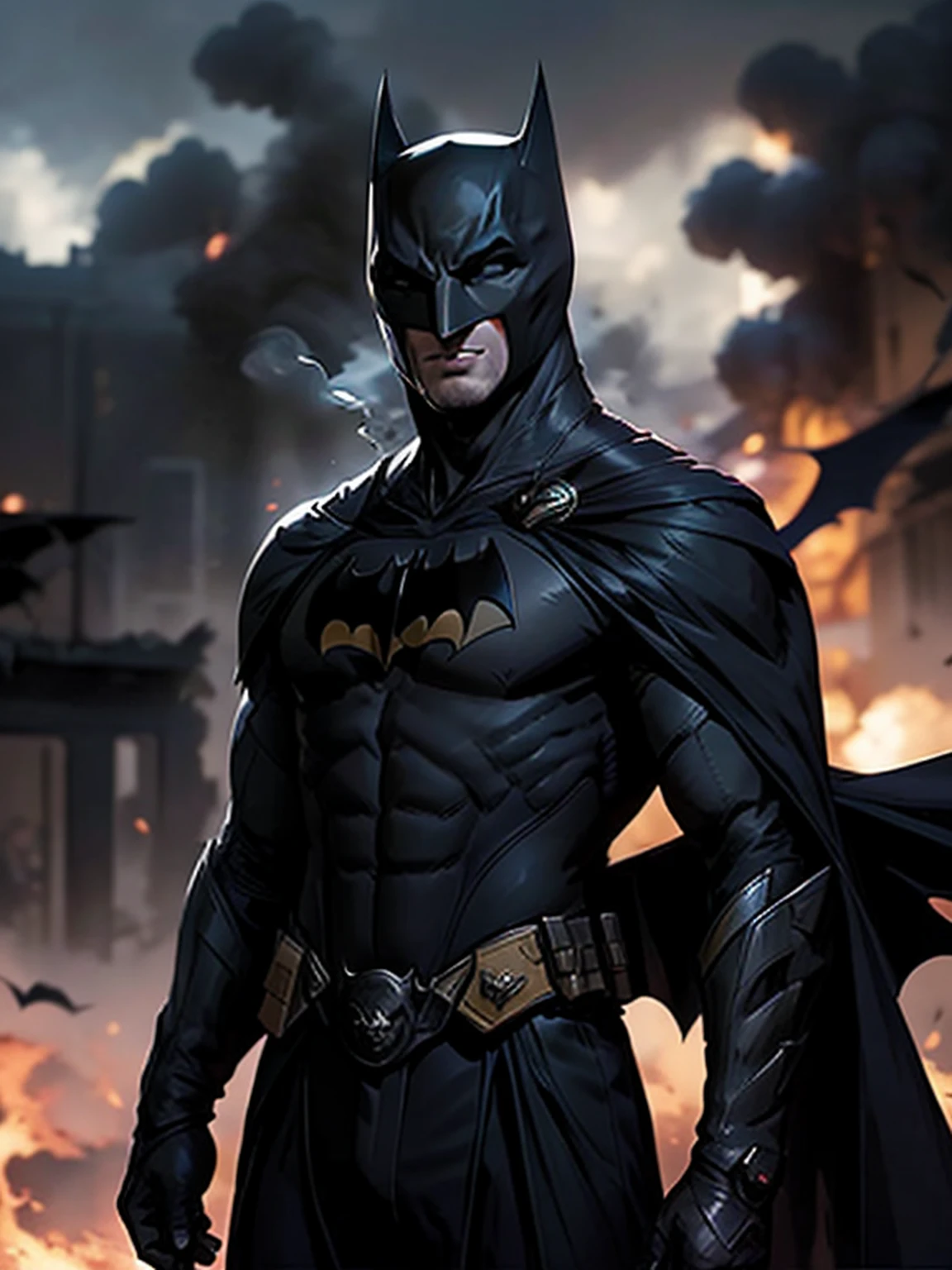 Batman standing in front of a burning city with a bat - SeaArt AI