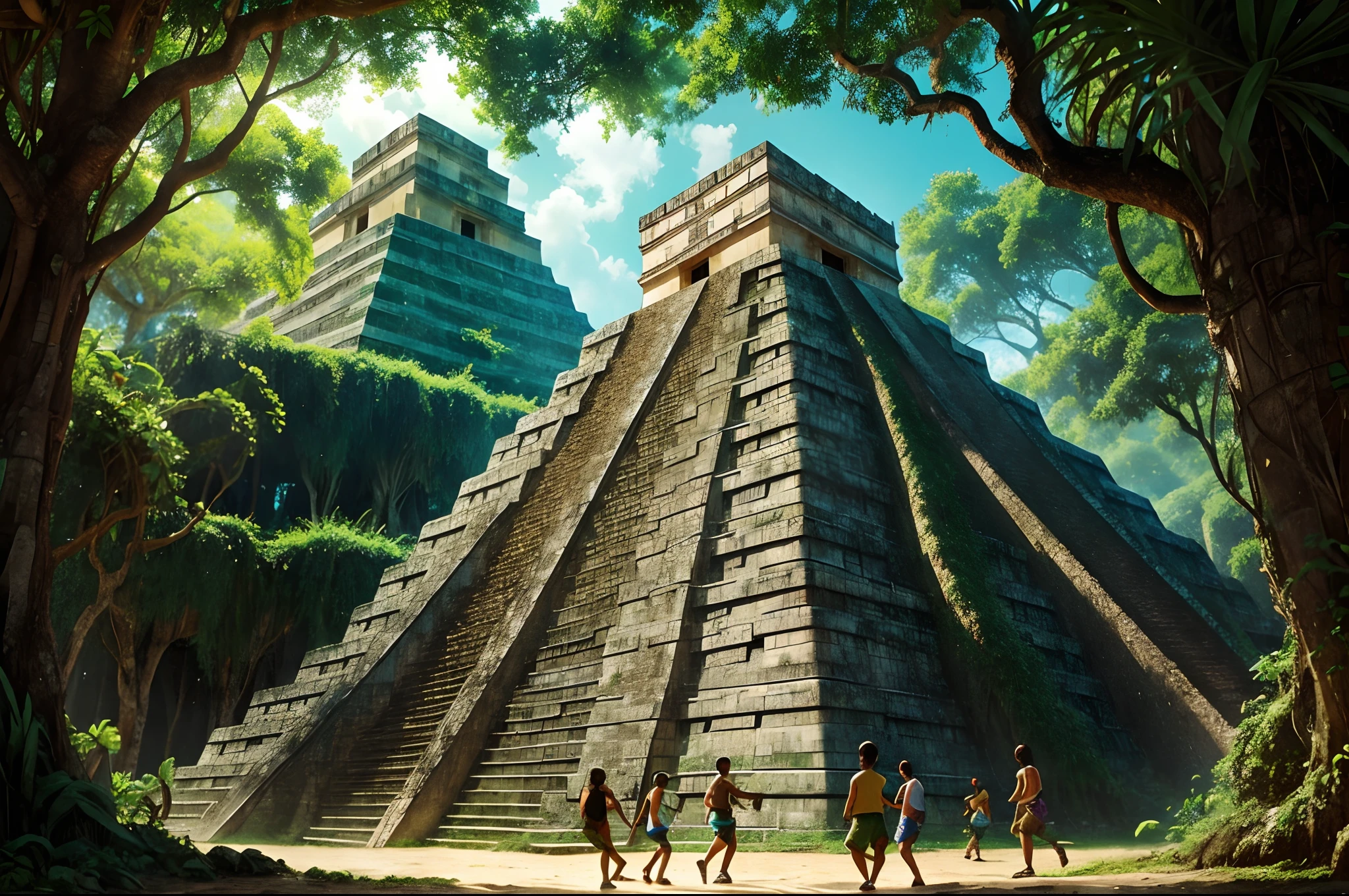 A group of people walking around a jungle area next to a tall pyramid ...