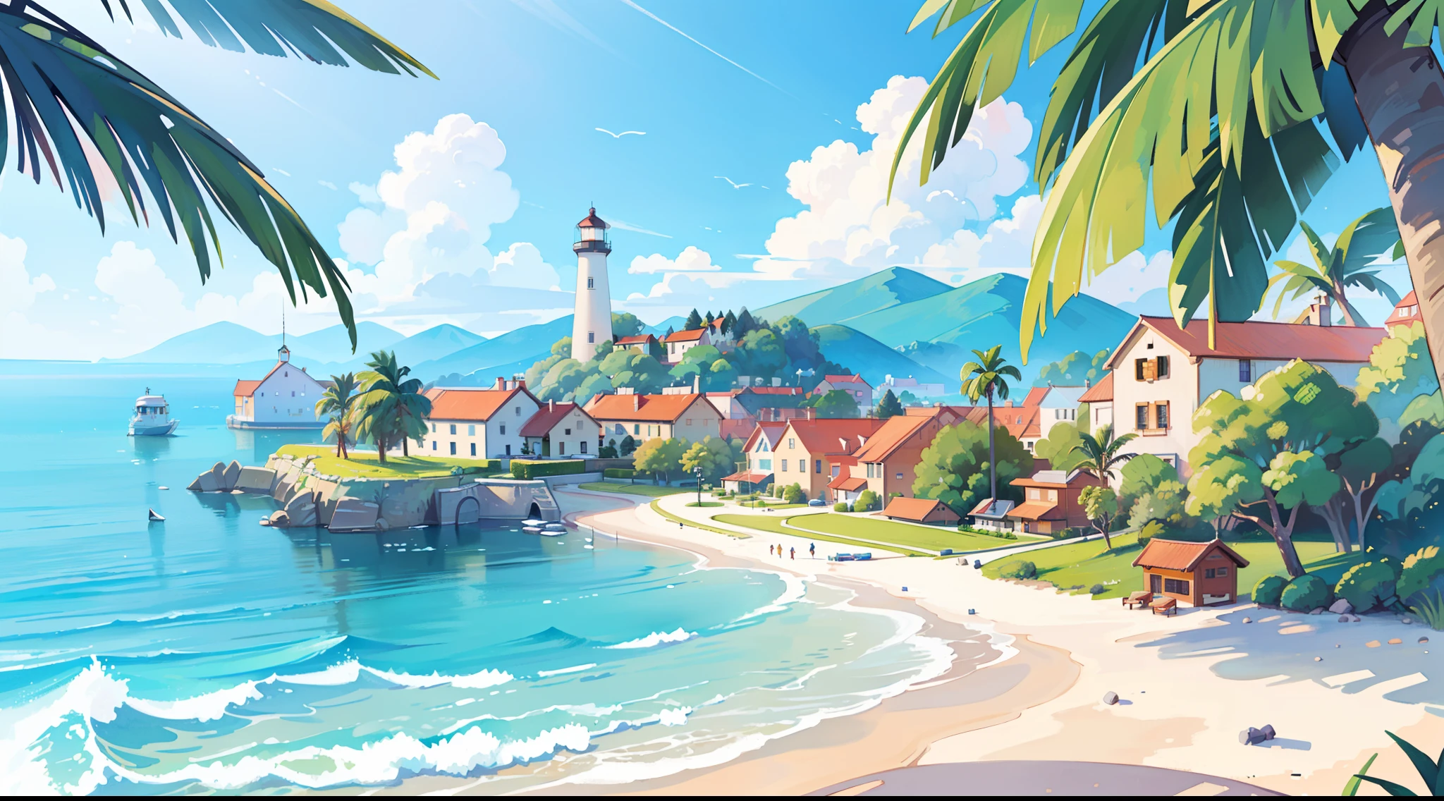 Anime landscape of a beach with a lighthouse and a small town - SeaArt AI