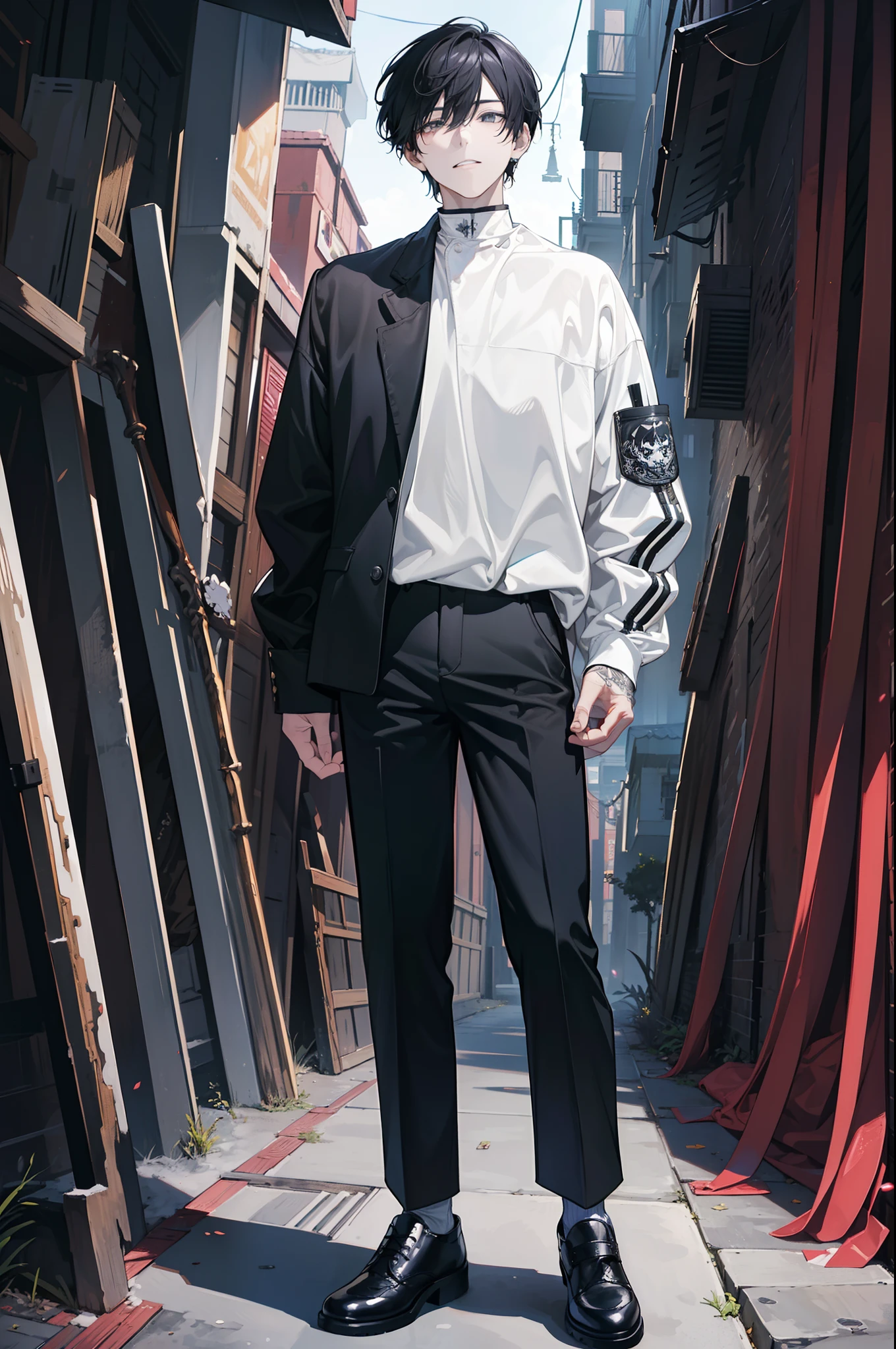 Anime - style image of a man in a tuxedo standing in a narrow alleyway ...