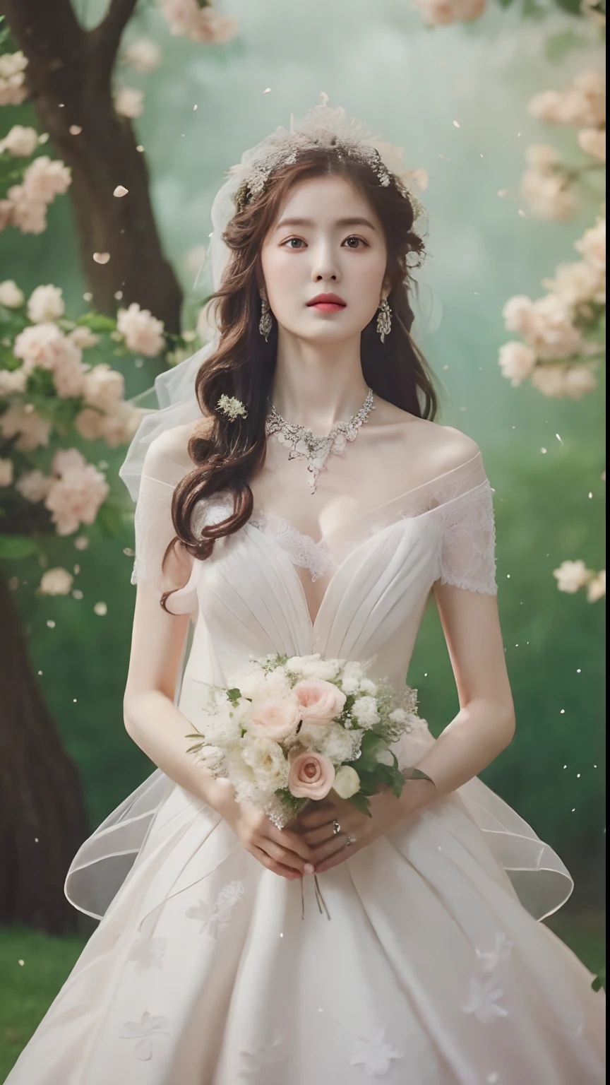 A woman in a wedding dress holding a bouquet of flowers - SeaArt AI