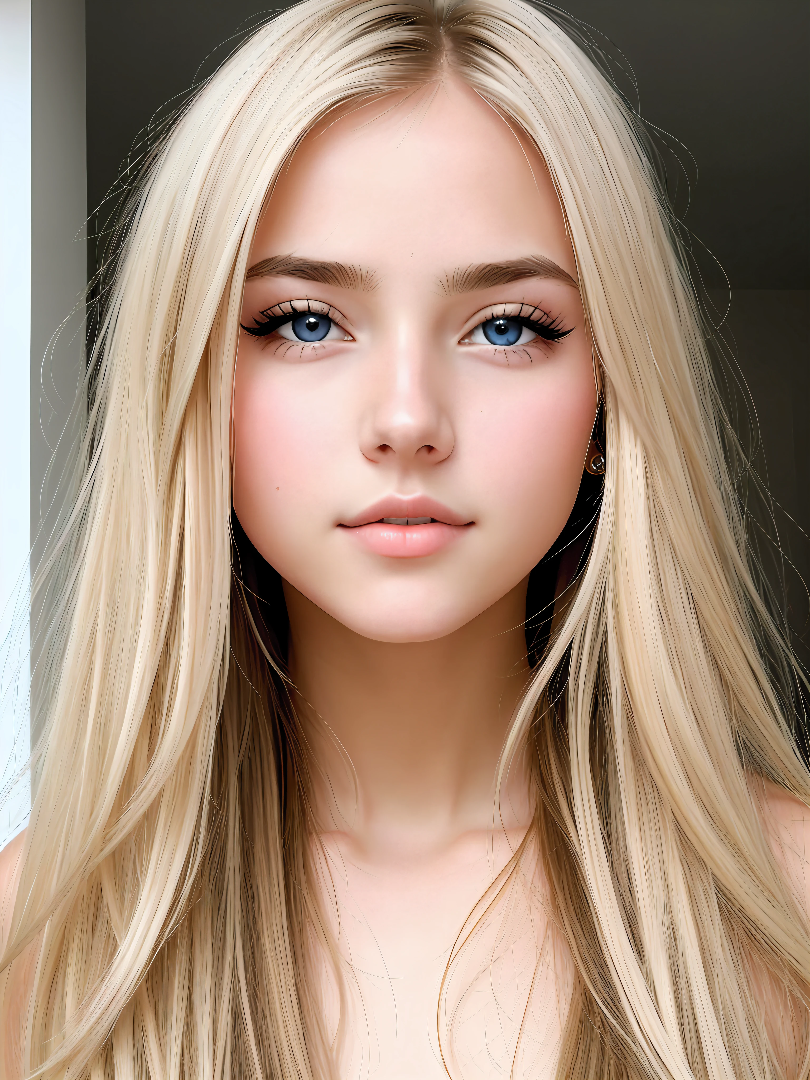 A woman with long blonde hair and blue eyes is posing for a picture - SeaArt AI