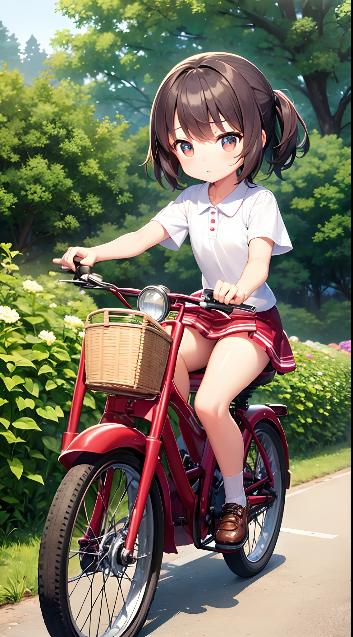 Anime girl riding a red bike with a basket on the back - SeaArt AI