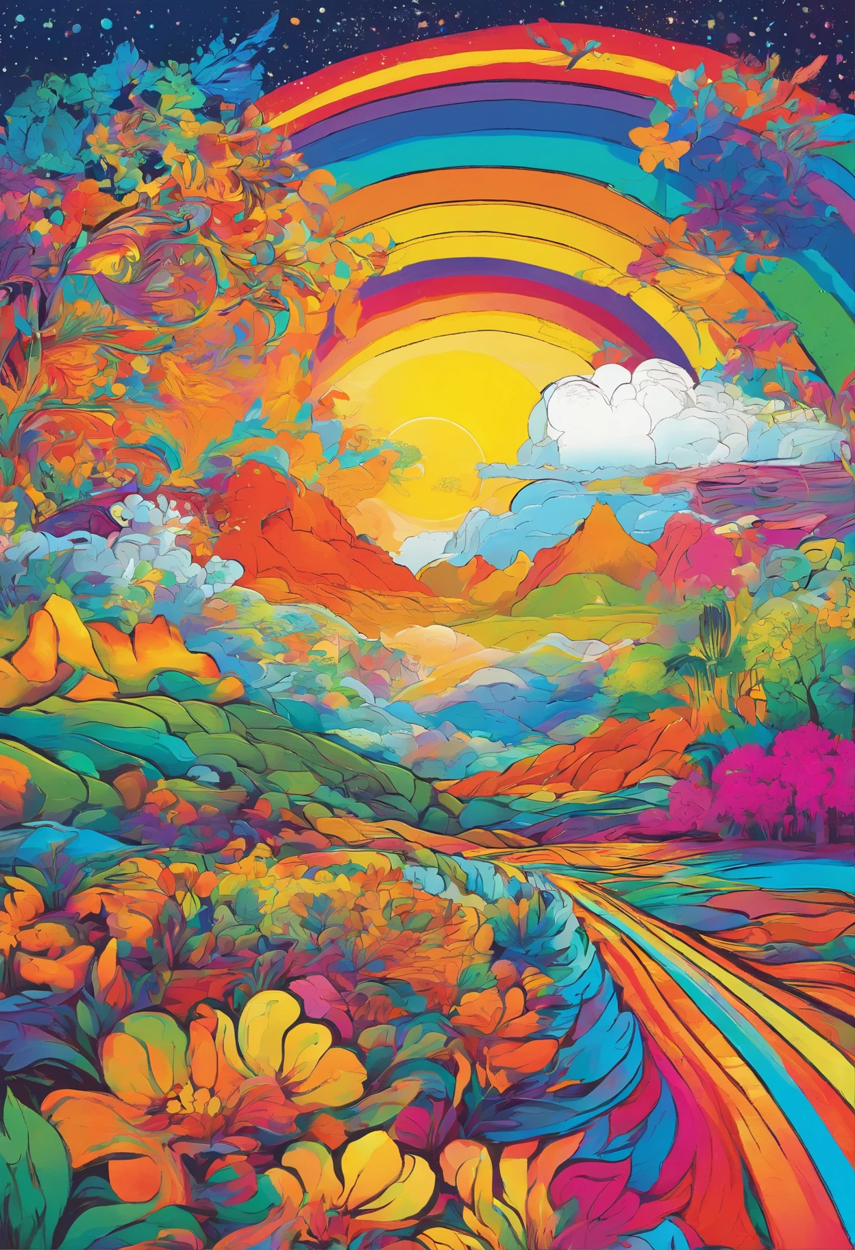 A painting of a rainbow colored landscape with a rainbow in the sky ...