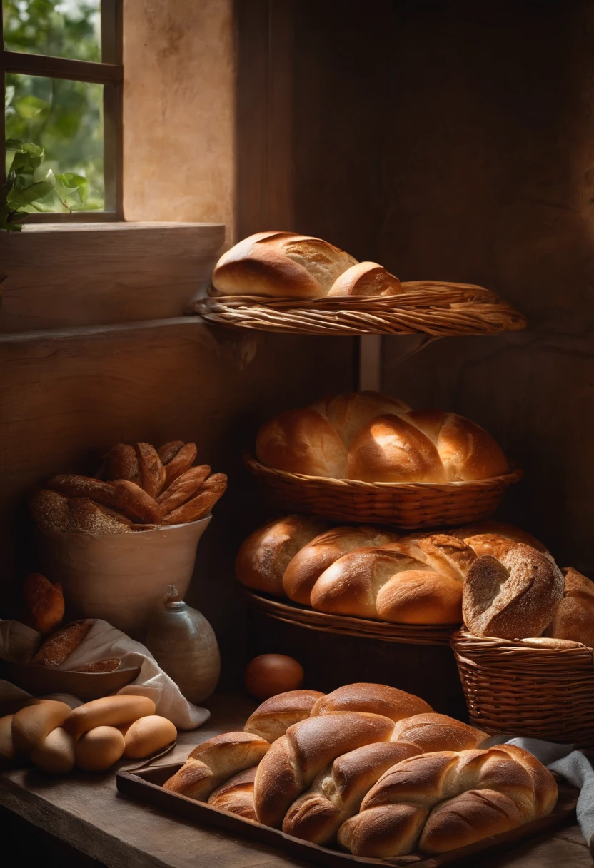 There are many breads and rolls on a table in a room - SeaArt AI