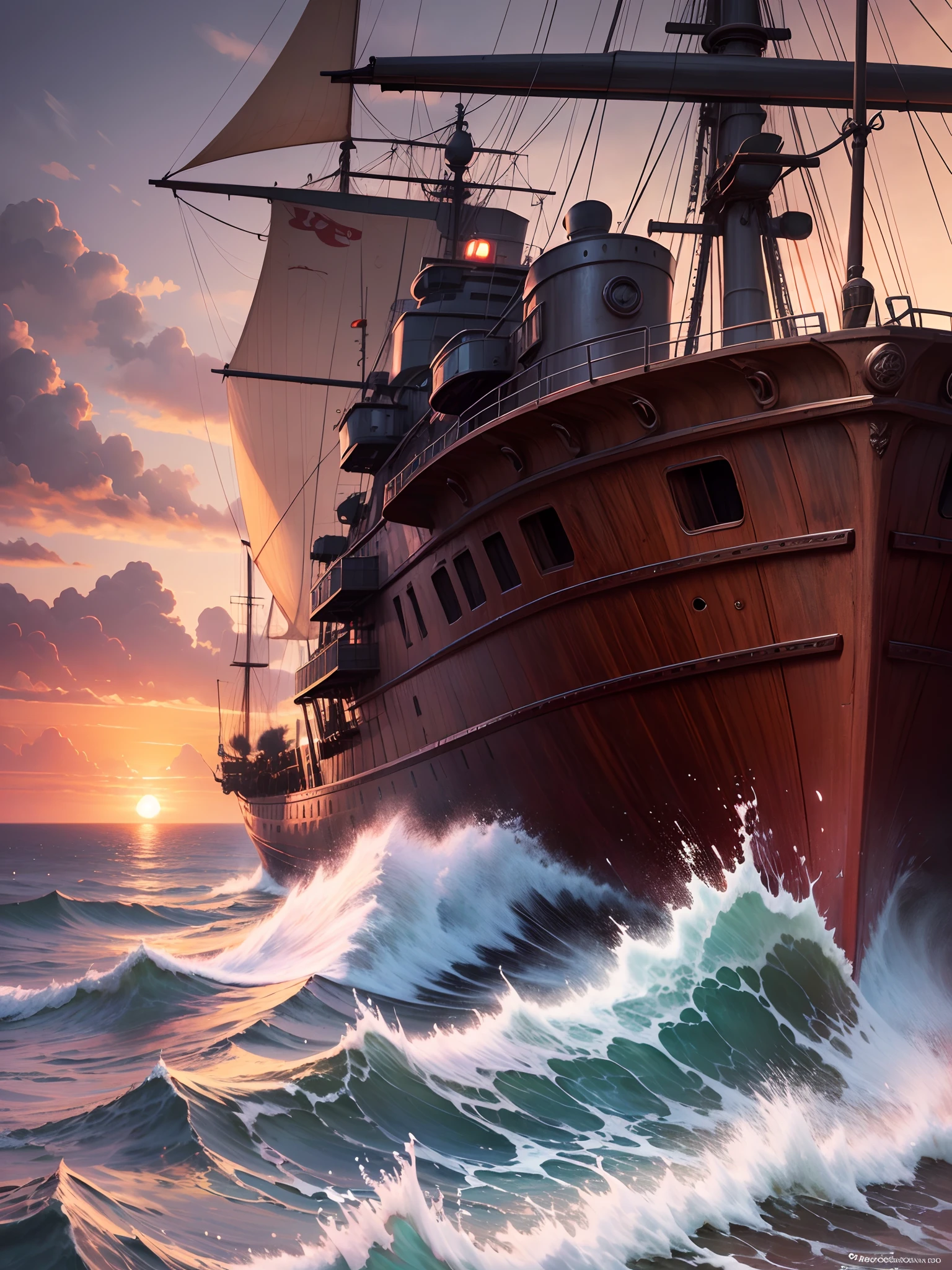 Painting of a ship in the ocean with a sunset in the background - SeaArt AI