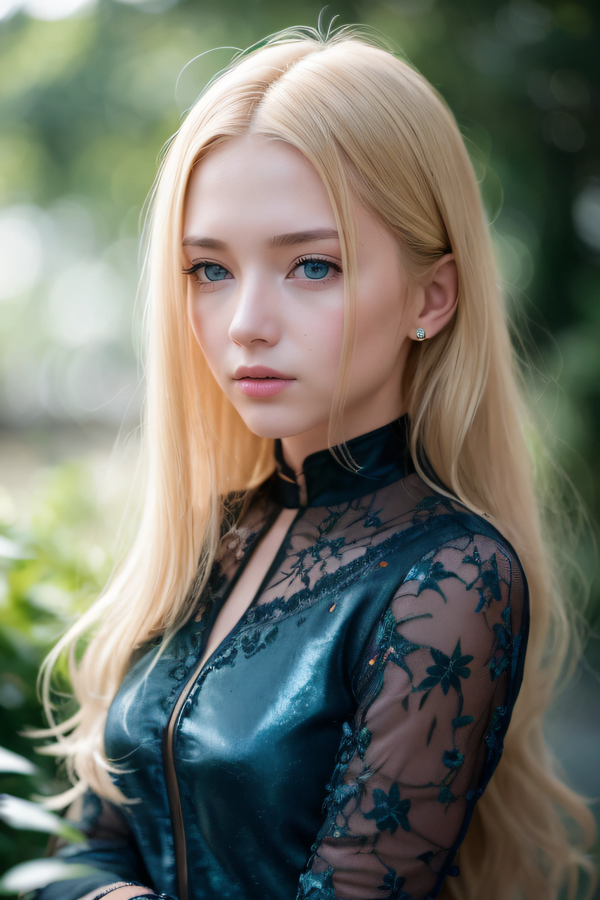 A close up of a woman with long blonde hair wearing a black dress ...