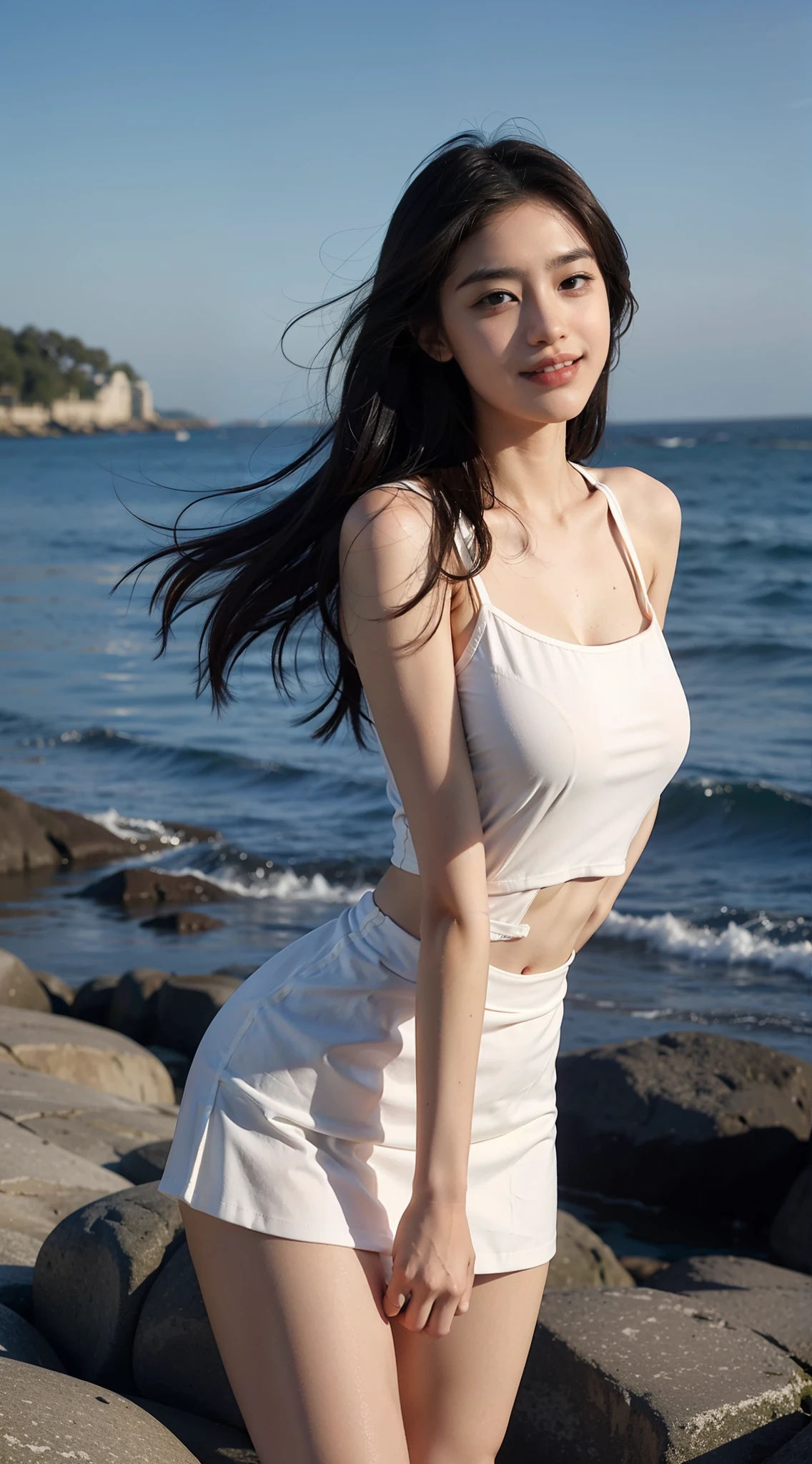 Arafed asian woman in white top and shorts posing on rocks by the ocean - SeaArt AI