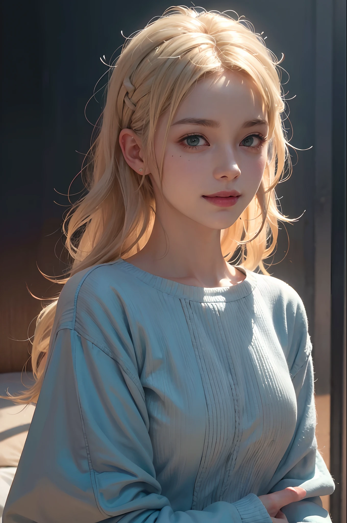 A woman with long blonde hair and blue sweater posing for a picture ...