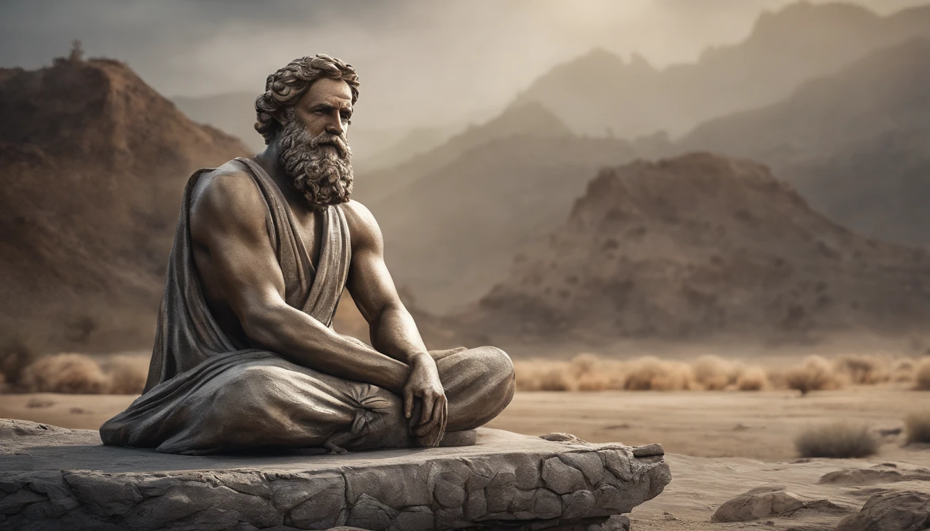 A statue of a man sitting on a rock in the desert - SeaArt AI