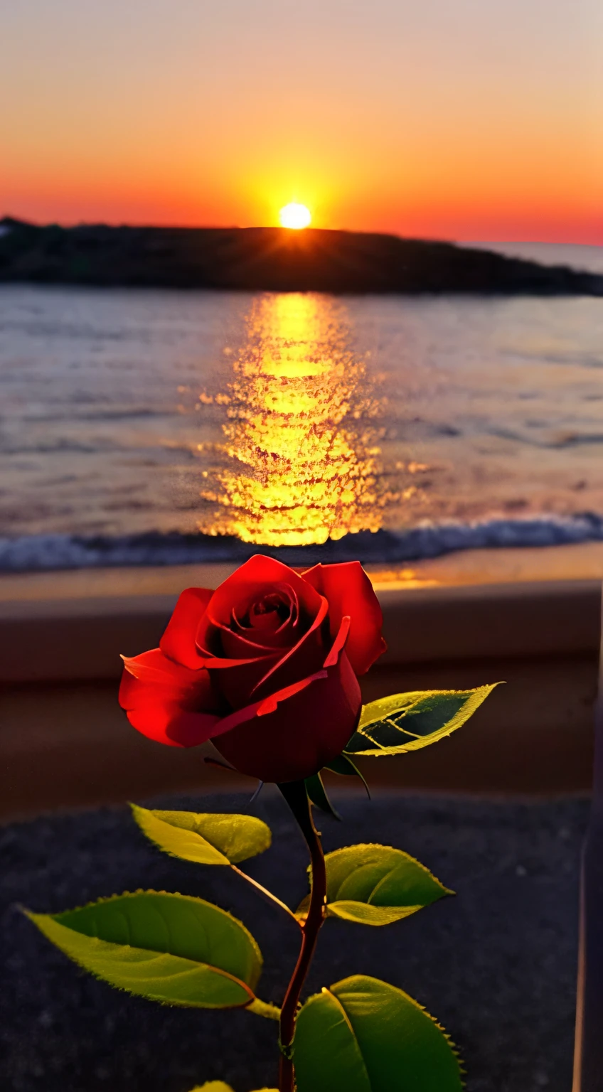 There is a rose that is sitting on the beach at sunset - SeaArt AI