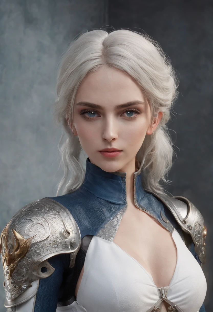 A woman in armor poses for a photo in a white dress - SeaArt AI