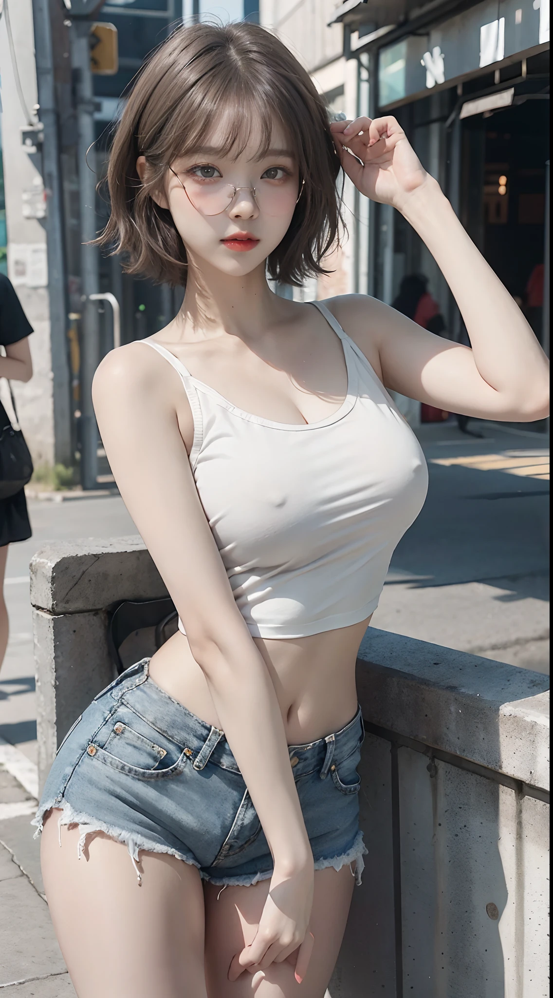 Araffe asian woman in a white top and denim shorts posing for a picture - SeaArt AI
