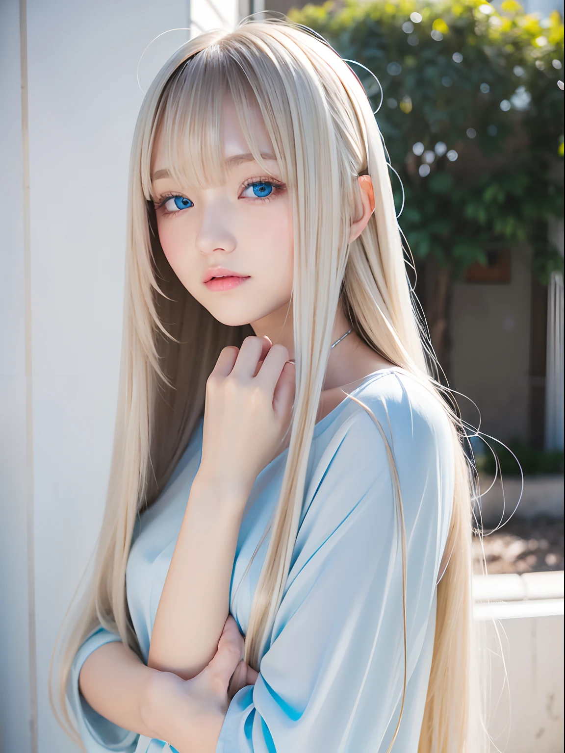 A close up of a woman with long blonde hair posing for a picture - SeaArt AI