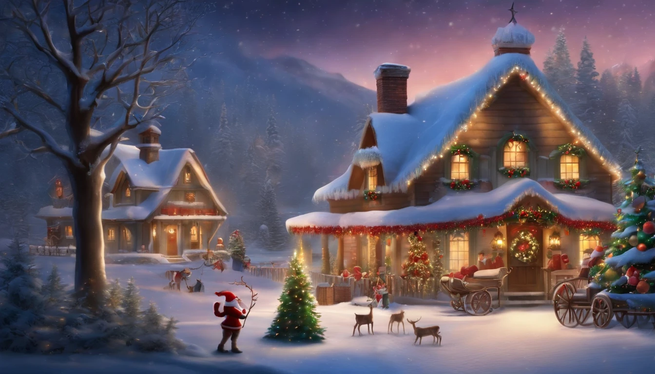 Christmas village scene with a santa clause and reindeers - SeaArt AI