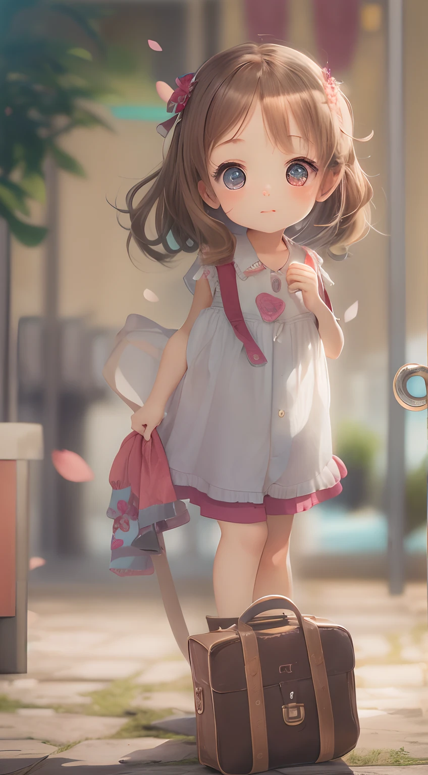 Anime girl with a suitcase and a backpack standing on the sidewalk ...