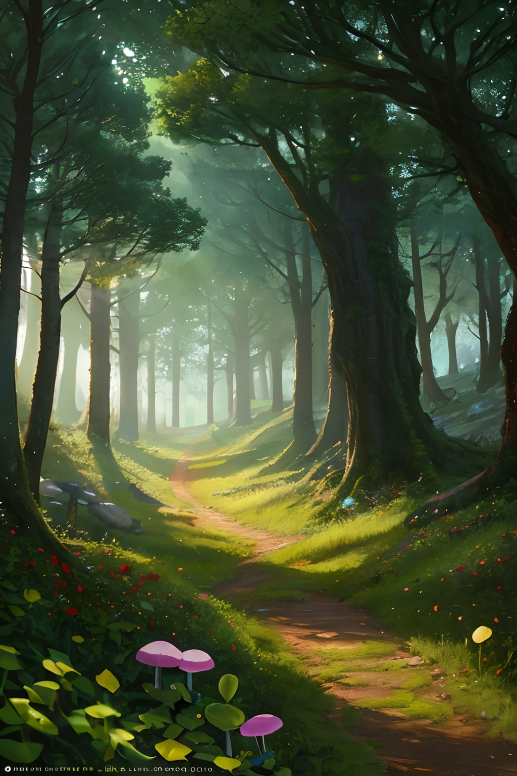 A painting of a path through a forest with a path leading through it ...