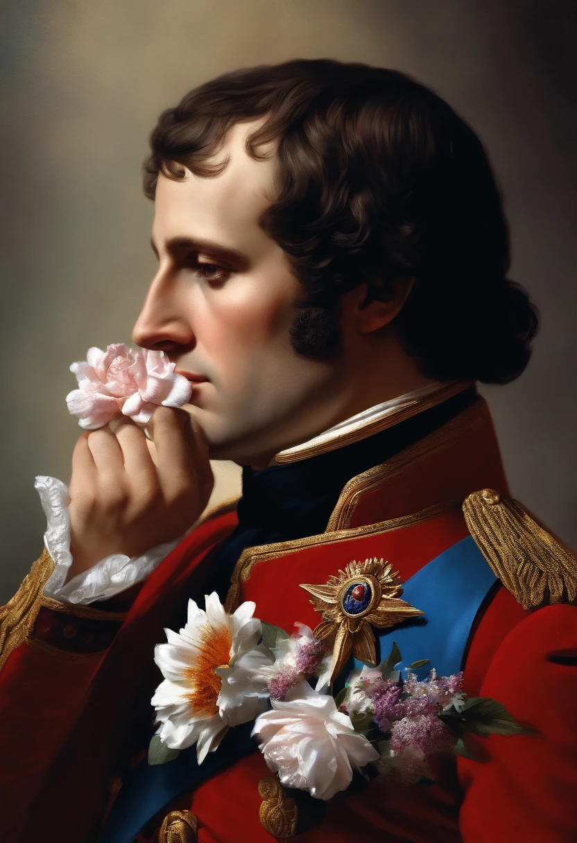A painting of a man in a red uniform eating a flower - SeaArt AI