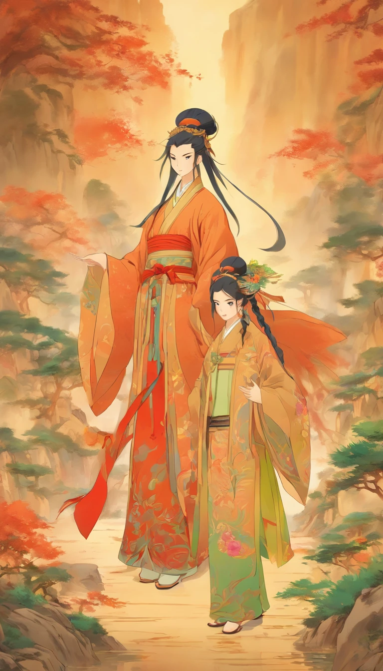 A painting of two women in traditional clothing walking through a ...
