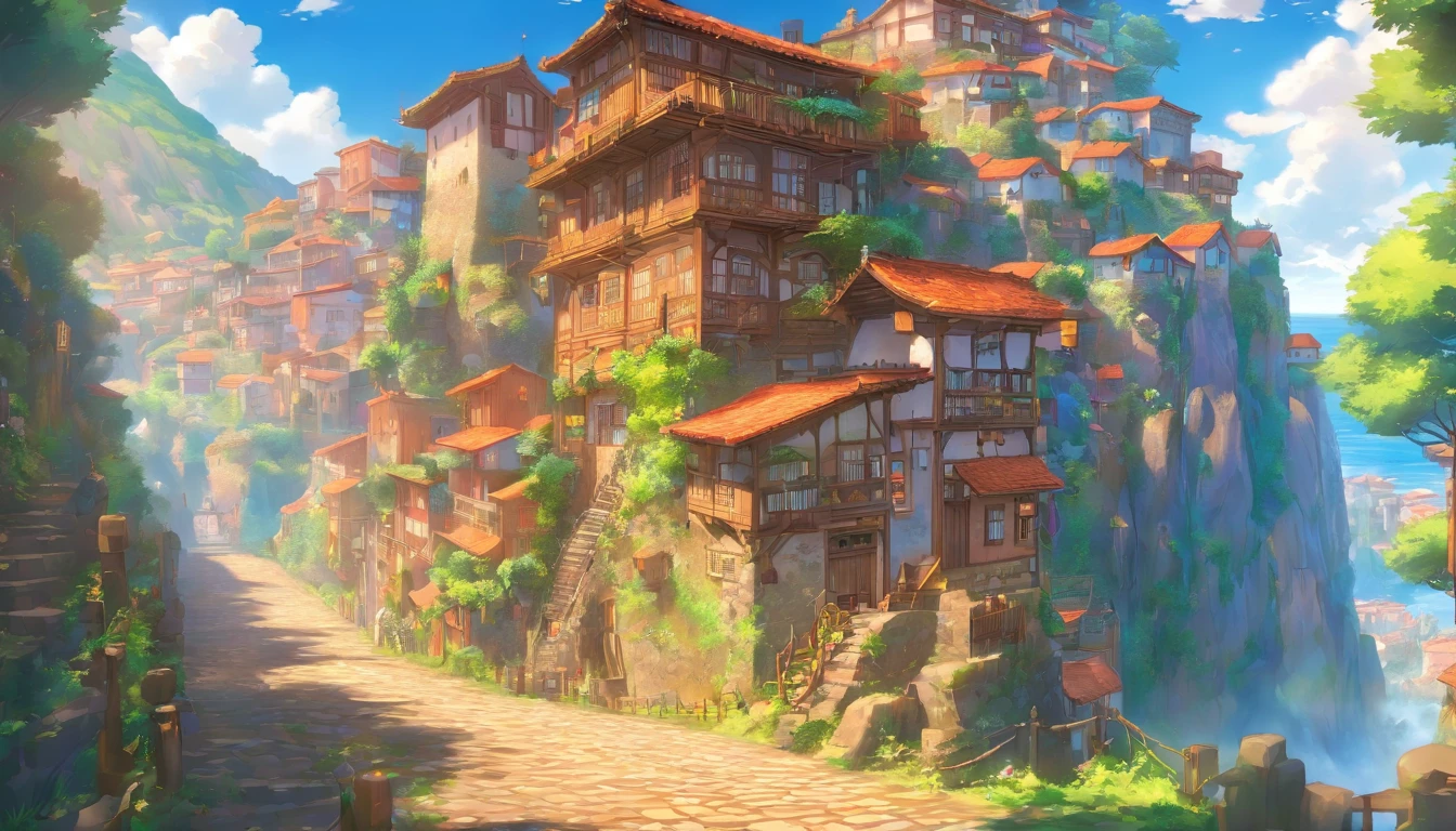 Anime scenery of a narrow street with a mountain and a village - SeaArt AI