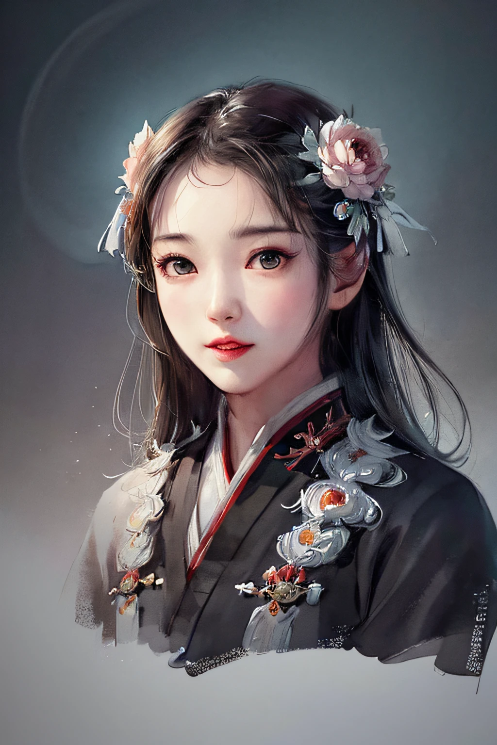 A woman with a flower in her hair and a black jacket - SeaArt AI