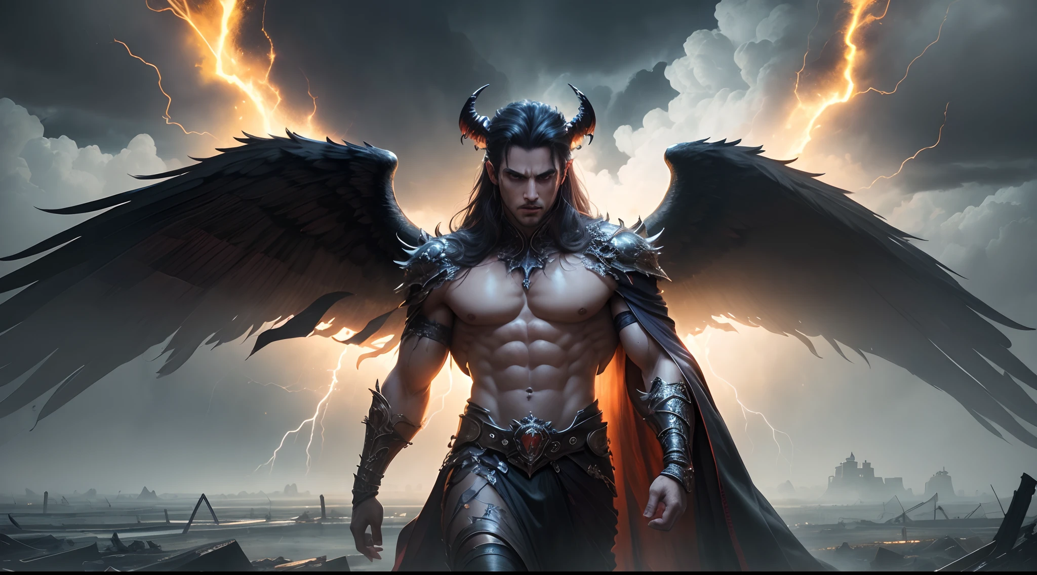 A man with wings and a cape standing in front of a lightning - SeaArt AI