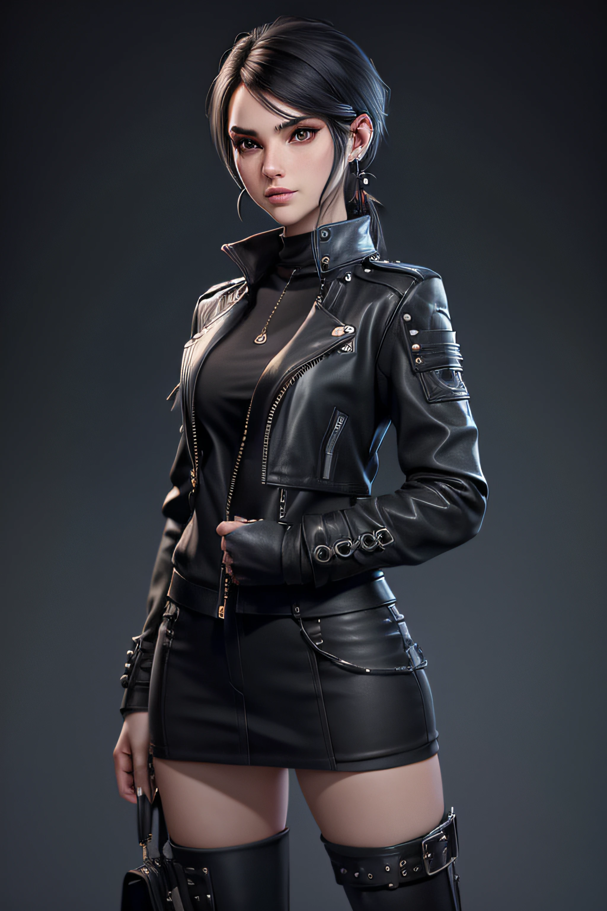 A woman in a black leather jacket and thigh high boots - SeaArt AI