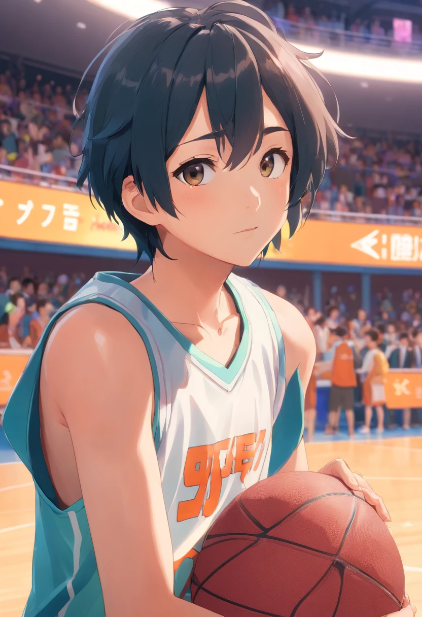 A close up of a person holding a basketball ball in a basketball court ...