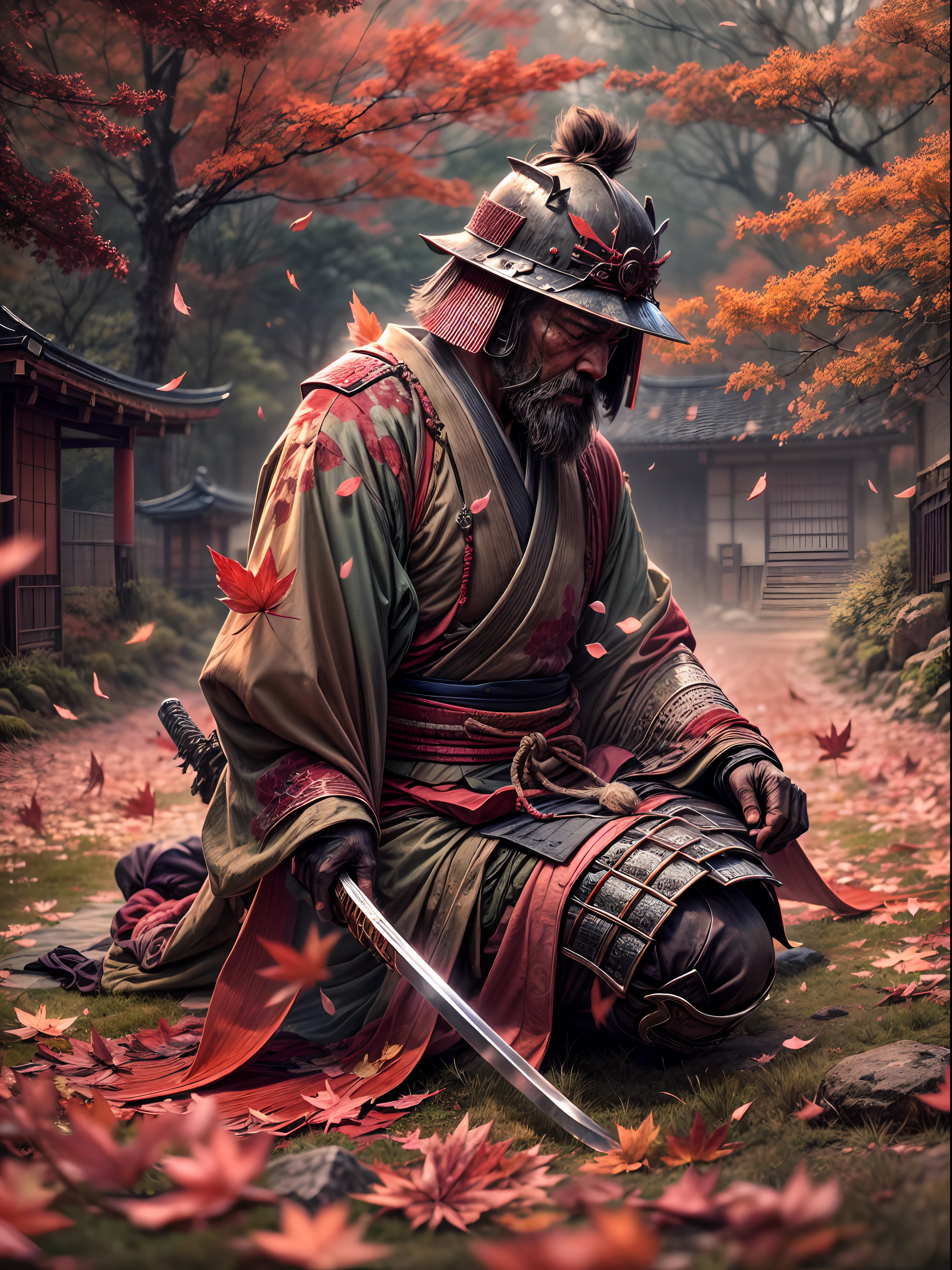 A man in a samurai outfit sitting on the ground with a sword - SeaArt AI