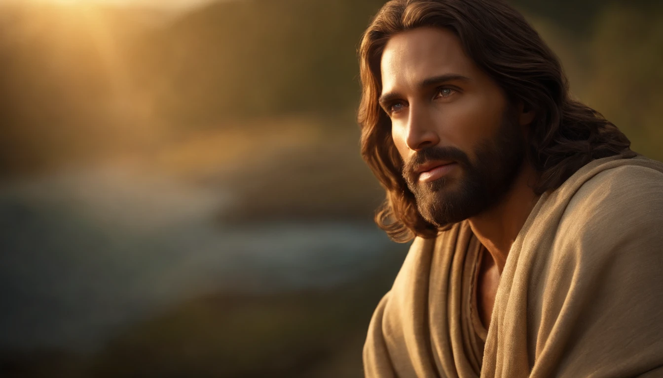 Jesus is sitting in the wilderness with his arms folded over his head ...