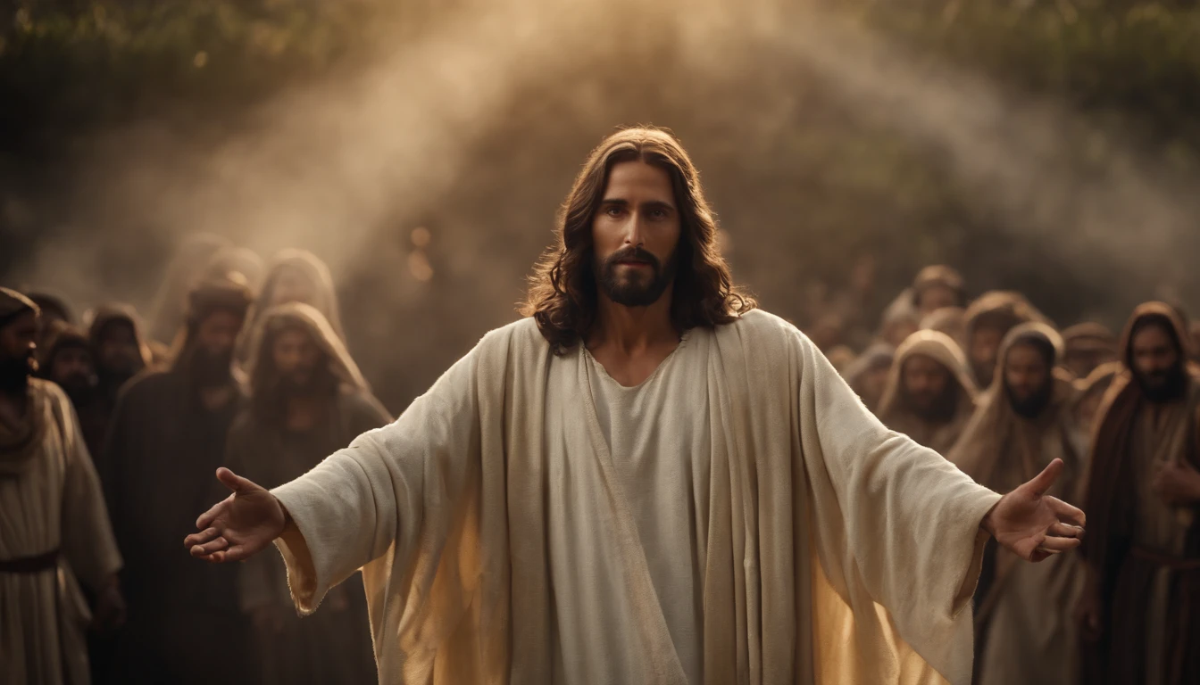 Jesus standing in front of a crowd of people with his arms outstretched ...