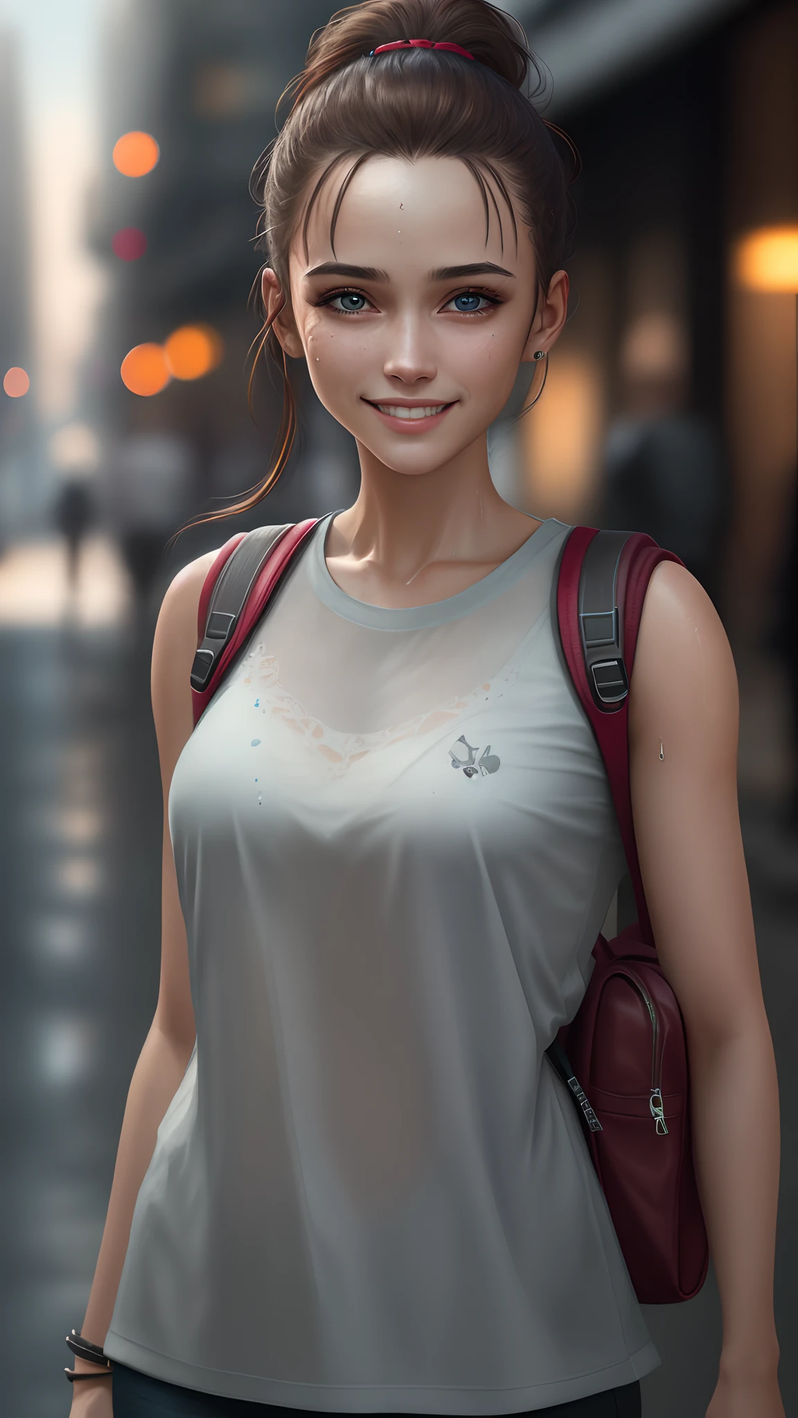 A close up of a woman with a backpack on a city street - SeaArt AI
